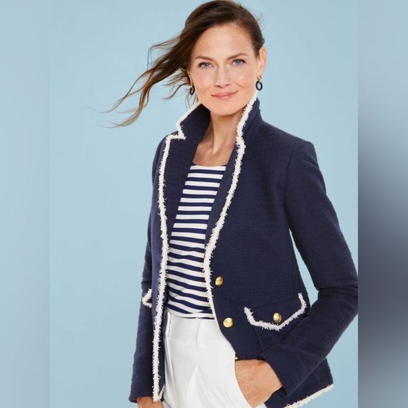 Talbots | Jackets & Coats | Talbots Navy Blue Tweed Fringe Blazer ...